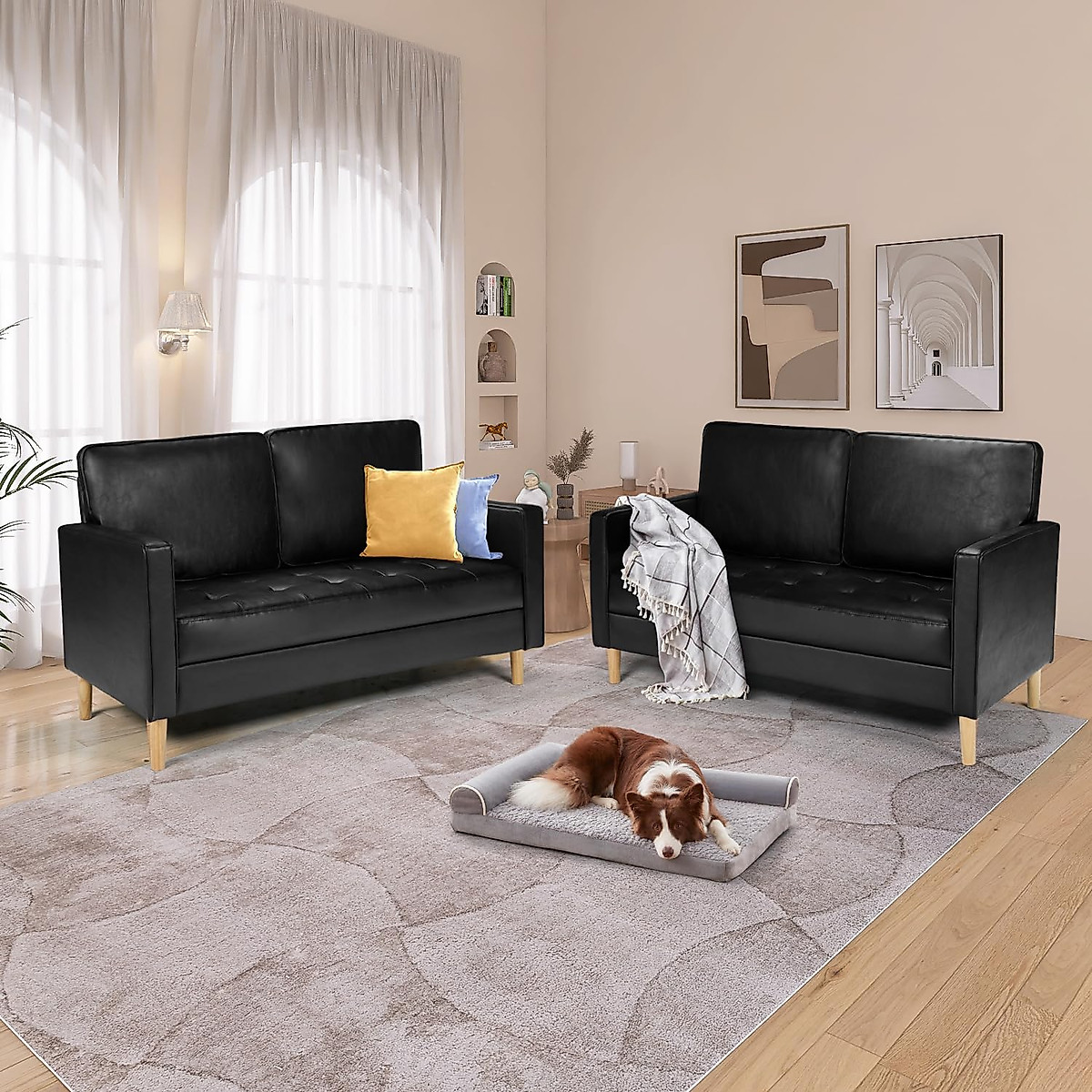 AILEEKISS 57'' Mid-Century Loveseat Faux Leather Sofa Couch with Armrest for Two People Modern 2 Seat Sofa for Living Room (2-Seater, Black)