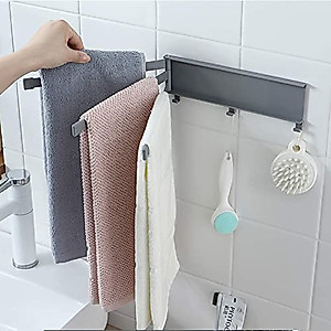 Kitchen Bathroom Towel Rack Three Bars Rotary Folding Arm Rotary Coat Hanger Washable Towel Bar with Attached Kitchen Rag Rack (Gray)