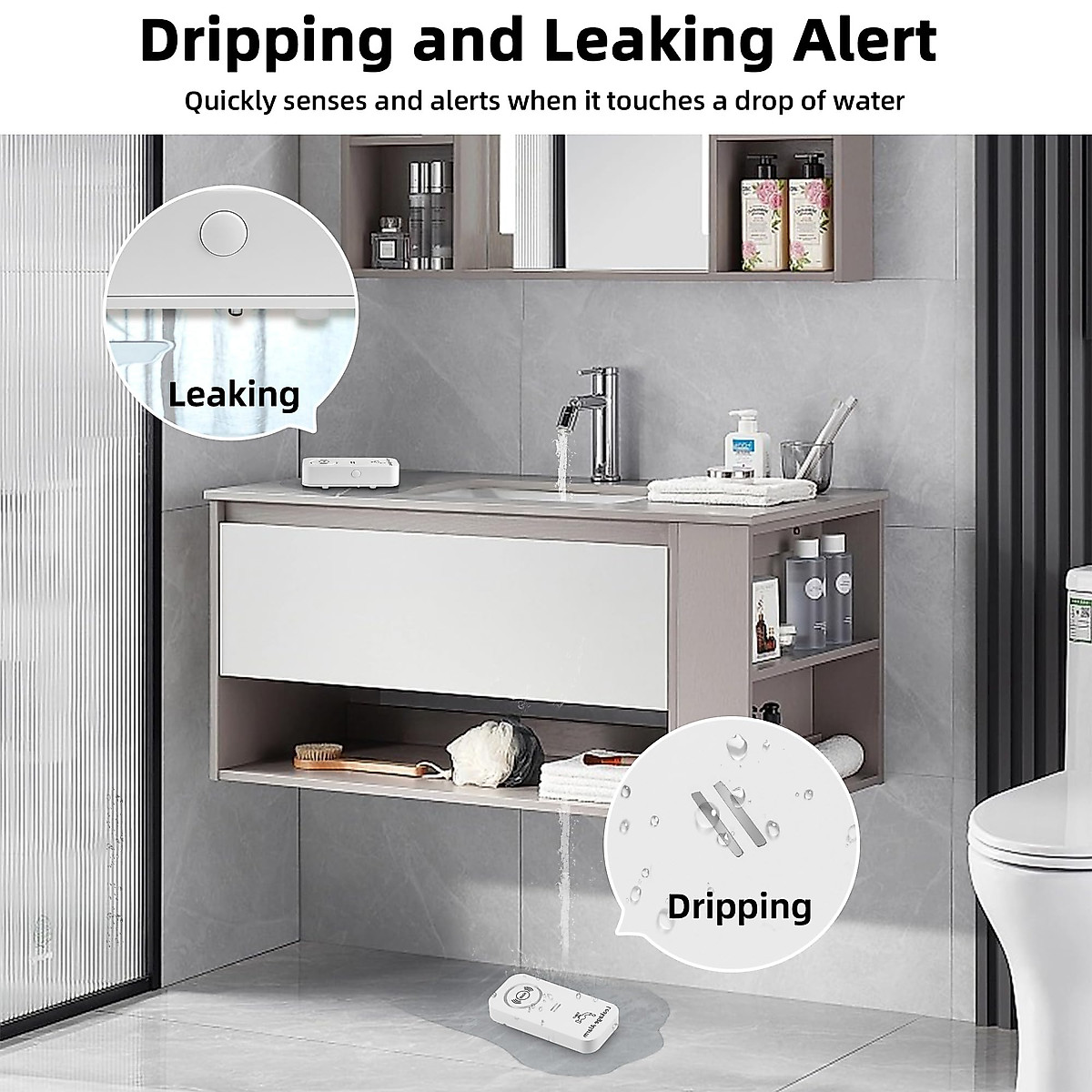 Water Leak Detector 2 Pack, 90dB Audio Water Leak Detectors for Home, Sensitive Leak and Drip Alert for Kitchen Bathroom Basement