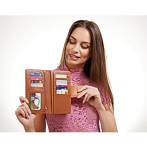 DA Women's RFID Blocking designer Leather Wallet Large Phone Holder Clutch Travel Purse Wristlet wallets for women (Tan & Beige)