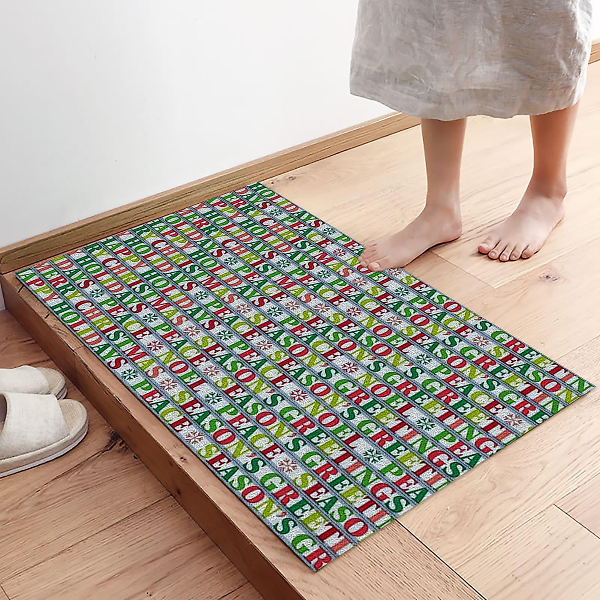 Merry Christmas Doormat Kitchen Bathroom Rug Floor Door Mat, Washable Welcome Entry Way Entrance Mat, Absorbent Hallway Accent Throw Runner Carpet, Red Green Winter Snowflake Stripe 16"x24"