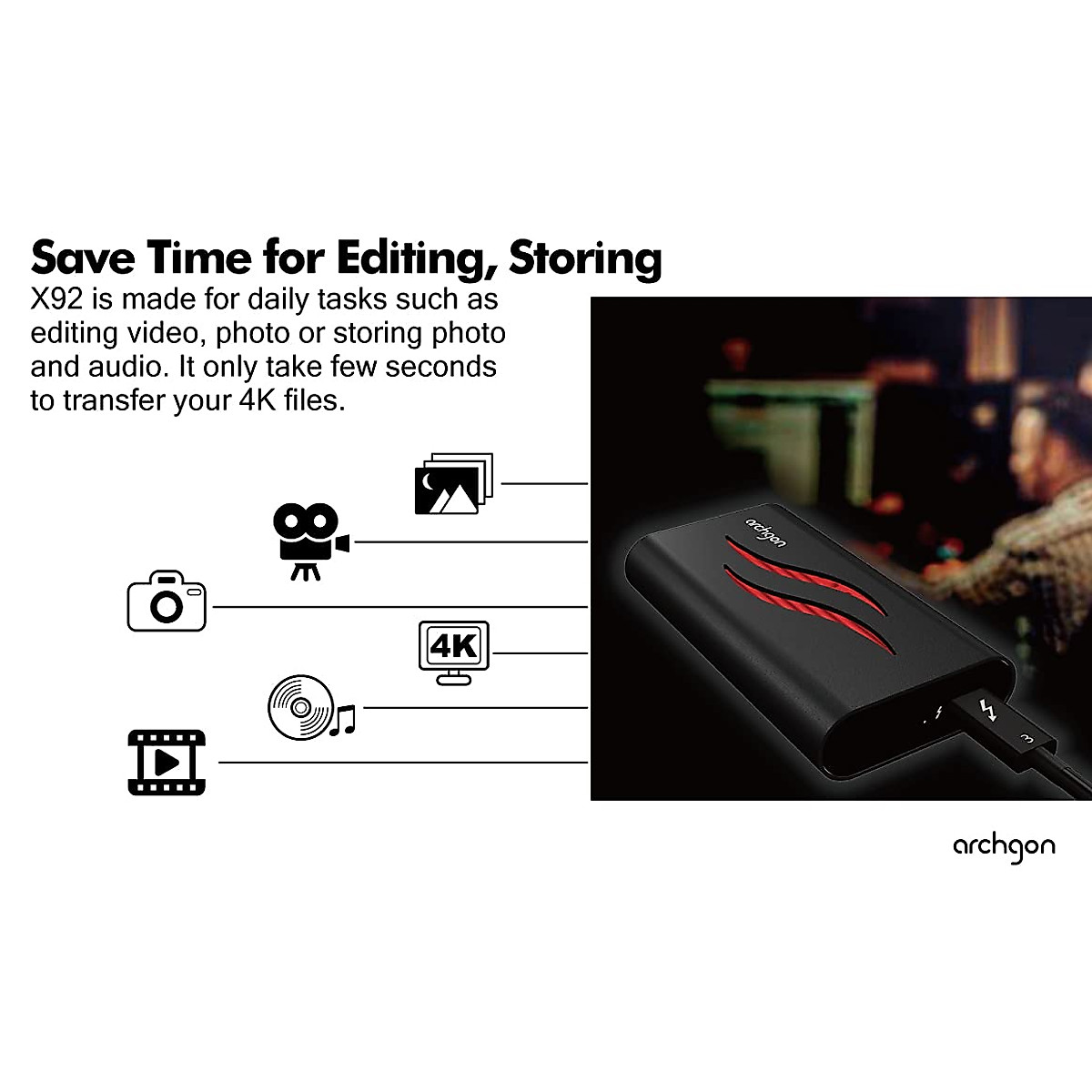 Archgon 1TB Thunderbolt 3 Certified Aluminum External SSD Portable M.2 PCIe NVMe Solid State Drive with Dual Layer Heatsink Max. Speed up to Read 3400MB/s Model X92 (1TB, Black)