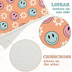 Whaline Boho Retro Swedish Dish Towel Spring Summer Vintage Smile Flower Reusable Kitchen Dishcloth Absorbent Cotton Quick Drying Cleaning Dishcloths for Party Home Counter Wipes, 7 x 8 Inch