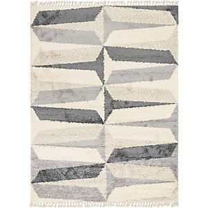 Unique Loom Hygge Shag Collection Modern Moroccan Inspired, Geometric Design, Plush & Cozy Area Rug, Rectangular 9' 0" x 12' 0", Gray/Ivory