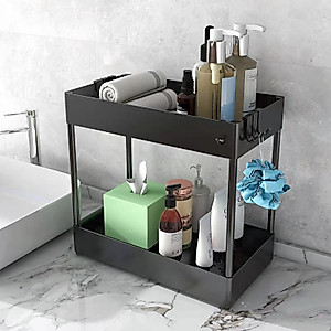 HANAMO 2PCS Under Sink Organizers Bathroom Organizer Under Sink Organizers and Storage 2-Tiers Under Kitchen Sink Organizers Multi-pupose Under Cabinet Organizer Under Sink Shelf with 10 Hooks black