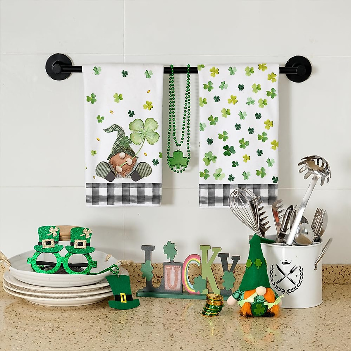 ARKENY St Patricks Day Gnome Green Shamrock Kitchen Towels Dish Towels St. Patrick's Day Decorations for Home Décor Ultra Absorbent Bar Drying Cloth 18x26 Inch Hand Towel for Cooking Set of 2