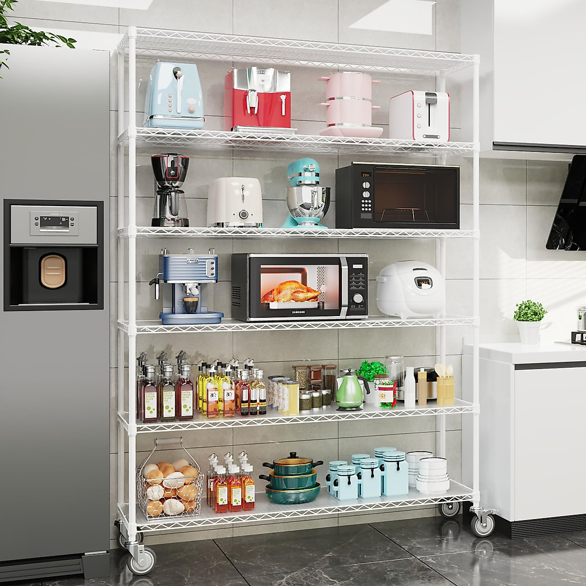 NicBex 6-Tier Heavy Duty Storage Shelving Unit with Adjustable Shelves Wire Shelving with Wheels and 6000LBS Load Metal Shelf for Kitchen, Pantry, and Bathroom,60" W x 18" D x 82" H, White