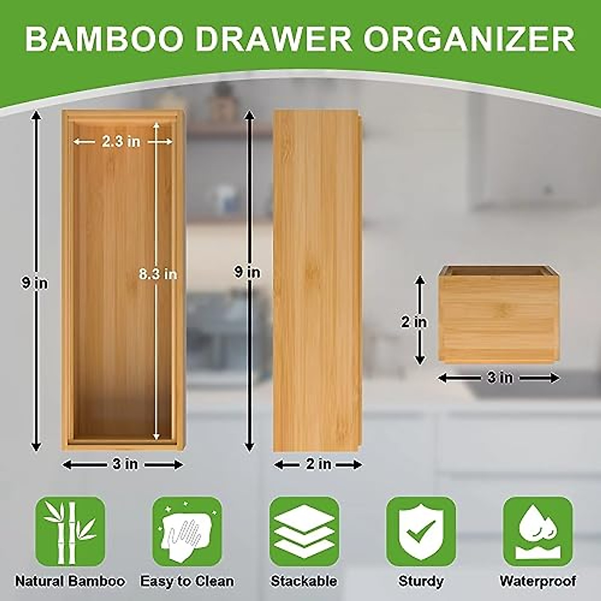 Lixple Bamboo Drawer Organizer - Set of 2, Stackable Storage Box, Silverware Tray for Drawer, Small Gadgets Holder 9” x 3” x 2”
