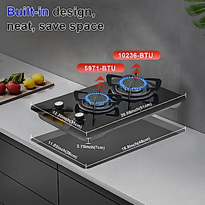 Cooksir 12 inch Gas Stove, 2 Burners Propane Cooktop Bulit-in, Indoor Gas Cooktop Suitable for Dual Fuel LPG/NG, Tempered Glass Gas Stove Top for Kitchen, Apartment, Indoor, 110-120V Plug in