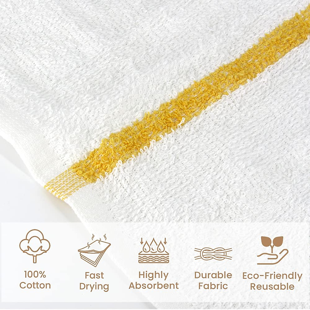 Ashley 60 Pack White Bar Towels for Kitchen (Yellow Stripe), 16X19 in, 100% Cotton Kitchen Towels, Cleaning Towels for Housekeeping, Multipurpose Cleaning Rags, Absorbent Terry Dish Towels, Barmop