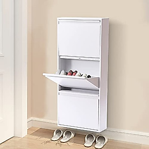DYRABREST Shoe Storage Cabinet - Wall Mounted & No-Assembly Metal Shoe Organizer Cabinet for Entryway, Hallway, and Corridor,Tipping Bucket Shoe Cabinets with 3 Flip Drawers,Holds 9 Pair Shoes, White