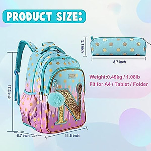SARHLIO Kids Backpack with Pencil Case, Glitter Galaxy Elementary School Girls School Bag Large 16 Inch Bookbag with Letter N Sparkling Sequin Tower Design