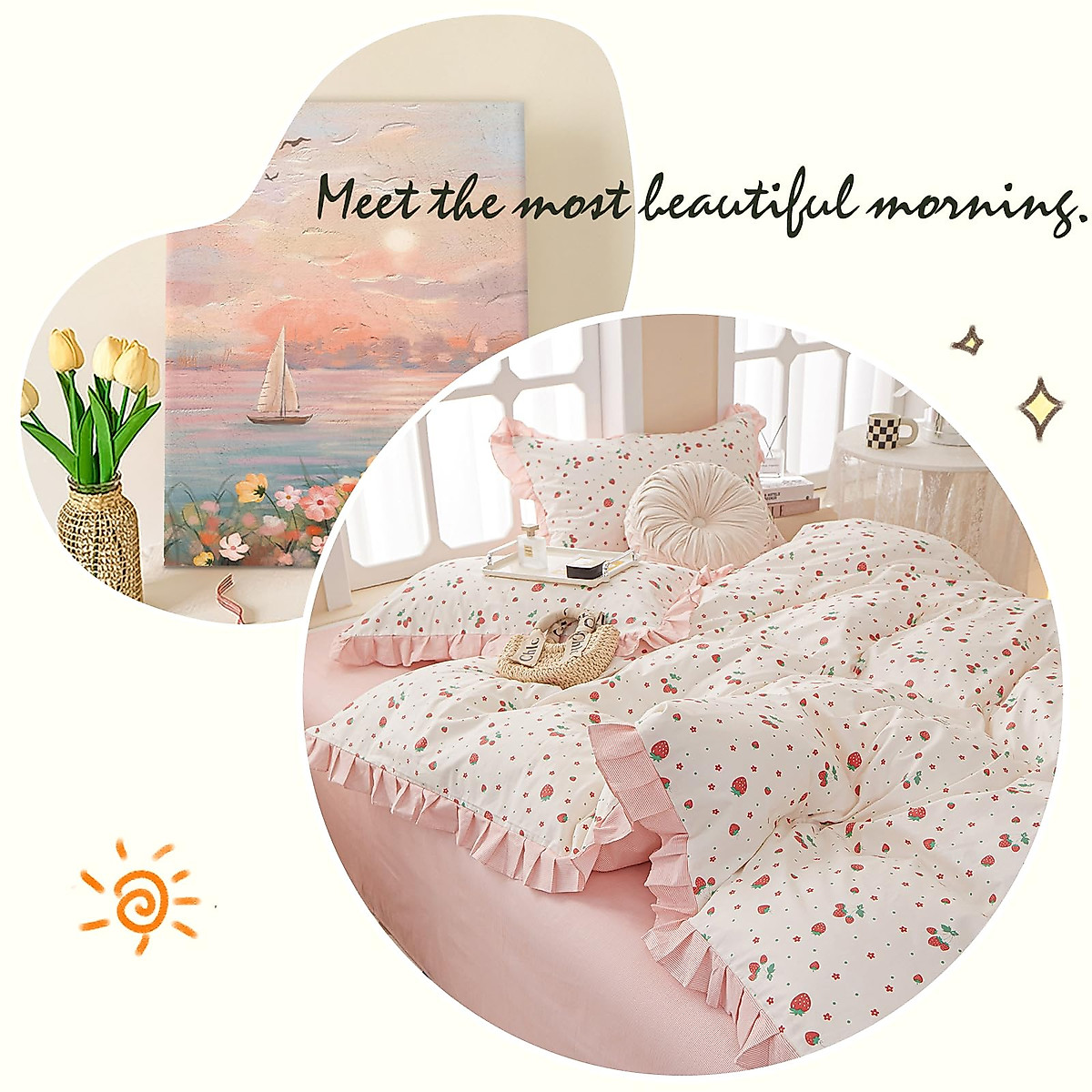 Kawaii Strawberry Comforter Set Twin XL Cute Ruffle Comforter with 2 Pillowcases Fluffy White Microfiber Kids Girls Bedding Comforter Strawberry Printed Ruffled Comforter Set for All Seasons Twin XL