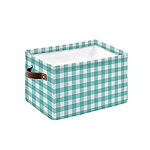 Turquoise Checkered Storage Basket Waterproof Cube Storage Bin Organizer with Handles, Farmhouse Teal Buffalo Plaid Collapsible Storage Cubes Bins for Clothes Books Toys 15"x11"x9.5"