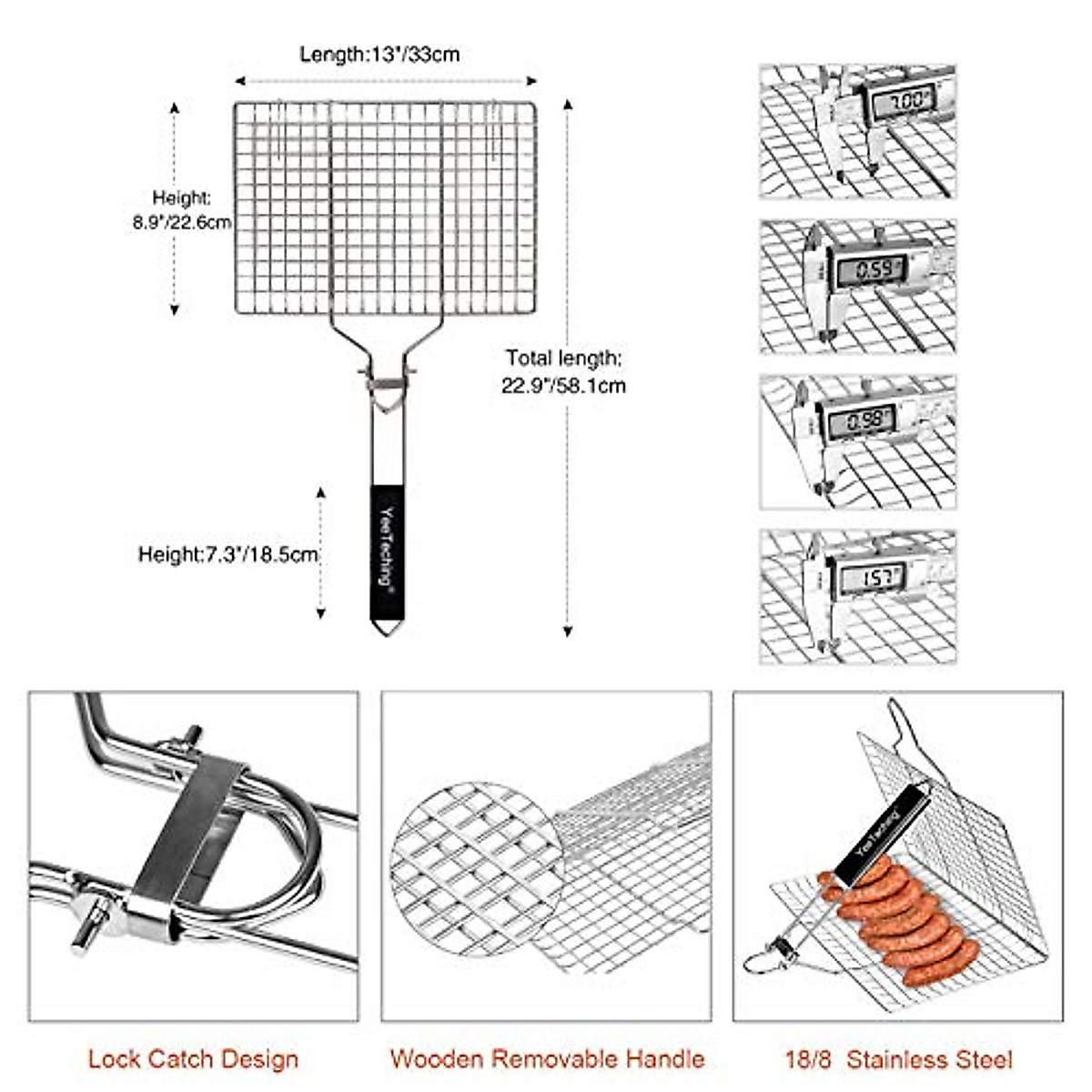 Yeeteching BBQ Grill Basket,430 Durable Food Grade Stainless Steel Fish Grilling Basket with Removable Handle for Fish Vegetable Steak Shrimp with 2 Pack Brushes (grill basket+brushes)