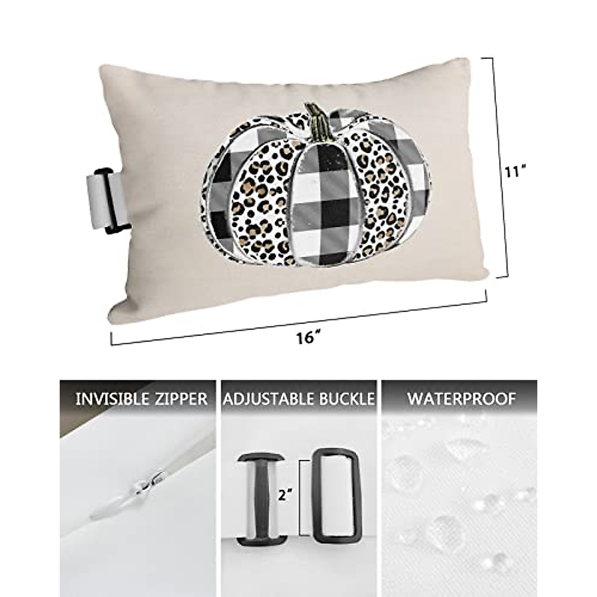 Recliner Head Pillow Ledge Loungers Chair Pillows with Insert Farmhouse Black Plaid Leopard Pumpkin Lumbar Pillow with Adjustable Strap Outside Patio Decorative Garden Cushion for Bench Couch, 2 PCS