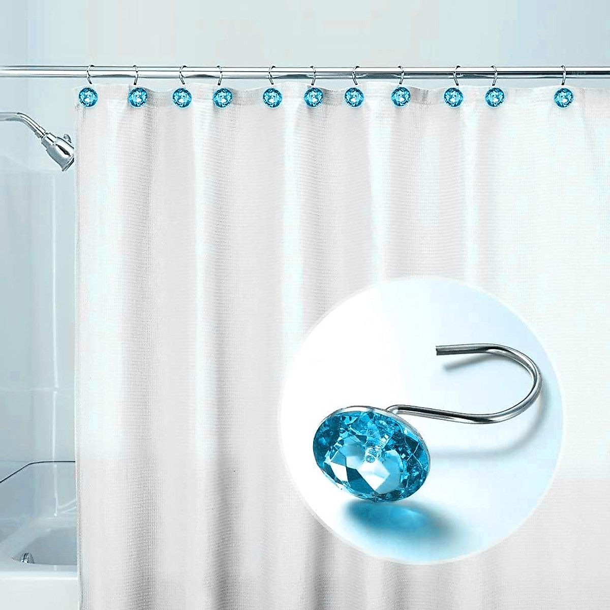 Shower Curtain Hooks,iiEASEST Acrylic Crystal Rhinestone Gem Decorative Shower Curtain Hook Cute Diamond Jewel Shower Hooks for Liner Curtain Camper Bathroom Kids Girls Women Set of 12 (Aqua Blue)