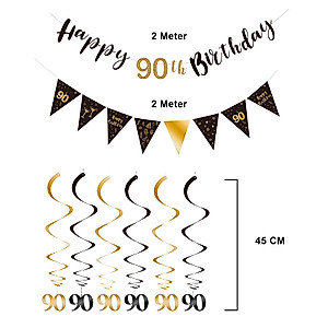 90th Birthday Decoration Kit, Happy 90th Birthday Banner Bunting Swirls Streamers, Triangle Flag Banner for Birthday Party Decorations Supplies Black and Gold 90th