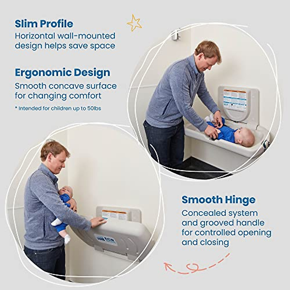 ECR4Kids Horizontal Wall-Mounted Changing Station with Slim Back, Baby Changer, White Granite