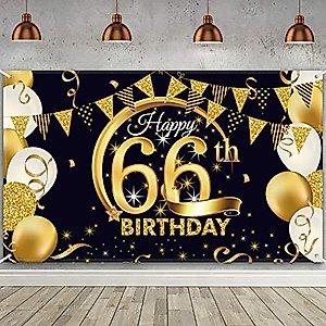 66th Birthday Party Decoration, Extra Large Fabric Black Gold Sign Poster for 66th Anniversary Photo Booth Backdrop Background Banner, 66th Birthday Party Supplies, 72.8 x 43.3 Inch