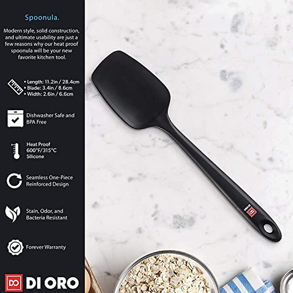 DI ORO Seamless Series Silicone Spoon Spatula - BPA Free Pro-Grade Non-Stick 600ºF Heat-Resistant Rubber Spoonula - Versatile Silicone Kitchen Scraper Utensil for Baking and Cooking (Black)