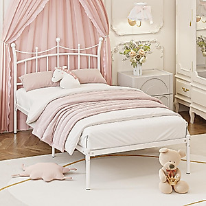 Weehom Twin Bed Frames with Headboard, Elegant Princess Bed for Girls Heavy Duty Metal Platform Bed Easy Assembly Under Bed Storage Space No Box Spring Needed Twin Size Bed for Kids Adults, White