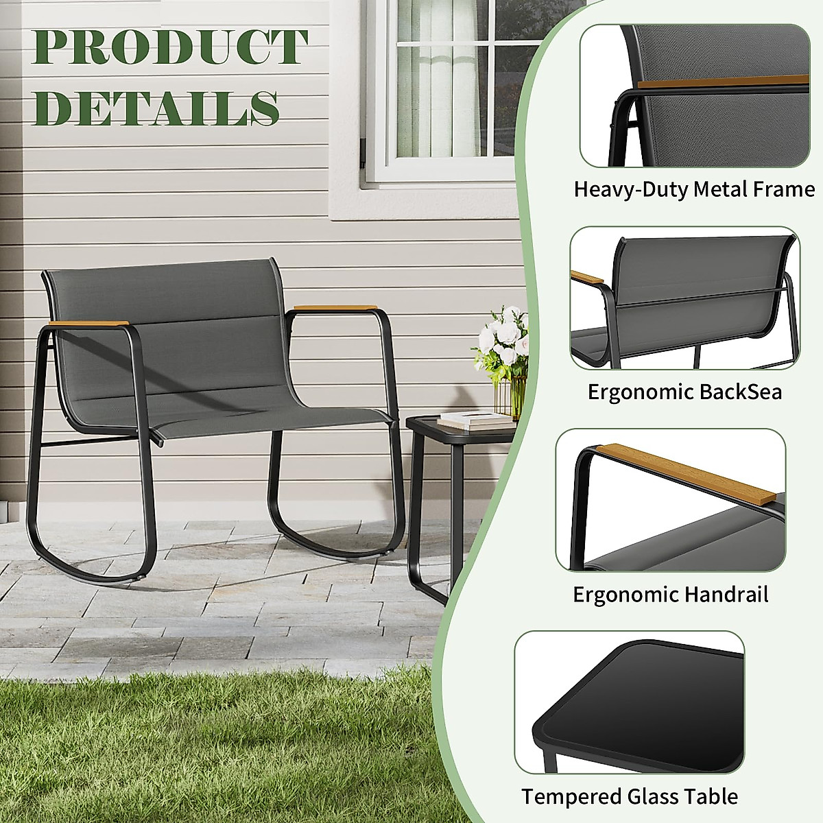 Amopatio Outdoor Table and Chair Set 3 Piece, Patio Rocking Chairs, Breathable Textilene Fabric Patio Furniture Set for Porch, Poolside, Deck, Outdoor Terrace, Balcony, Garden, Dark Grey