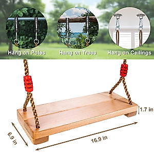 JUSTWOOD Tree Swing, Beech Swing Seat for Kids Adults with 400lbs Load, Wooden Swing Accessories with Adjustable Nylon Rope,Indoor Room Swing,Outdoor Wood Swing Set 16.9"x6.9"x1.7".
