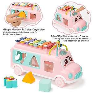 UNIH Baby Toy 12-18 Months,Bus Xylophone for Kids Toy, Baby Toys for 1 Year Old Boys and Girls with Building Blocks, Musical Toys for Toddlers 1-3, Early Educational Toys for Festival Christmas