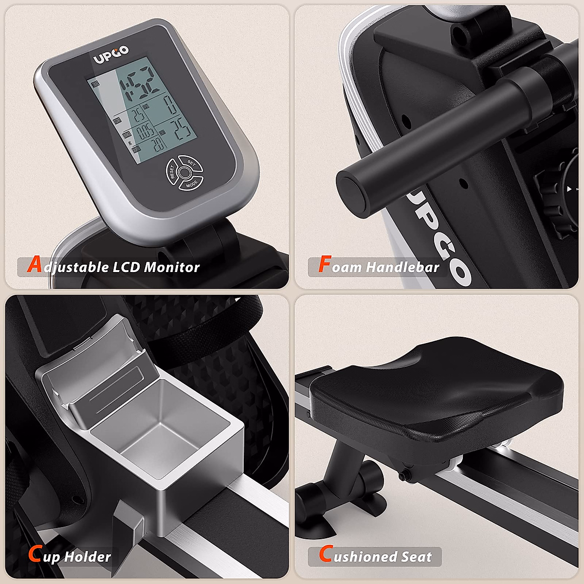 Upgo Rower Magnetic Rowing Machine Indoor Foldable Rower with 8 Level Adjustable Quiet Magnetic Resistance, Ergonomic Seat & LCD Monitor Cardio Exercise Training Max Weight 350 lbs