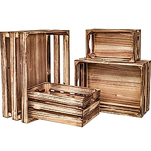 MACVAD Set of 4 Large Torched Wood Decorative Storage Crates, Nesting Wooden Crates for Display Rustic, Farmhouse Wooden Storage Container Boxes Made from 100% Wood