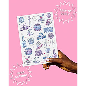 xo, Fetti Disco Birthday Party Temporary Tattoos - 48 Iridescent Foil Pcs | Birthday Girl Party Decorations, Dancing Queen, 70s Groovy Party