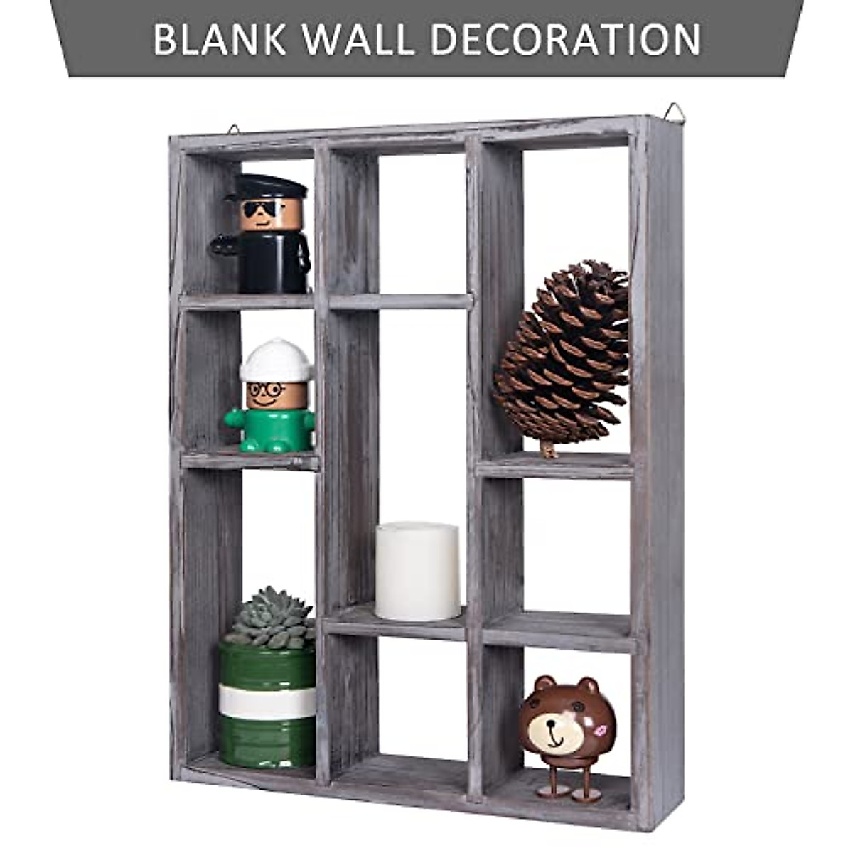 bluegift Shadow Box Display Shelf 9-Slot Rustic Wood Wall Mountable & Freestanding Shelf for Table or Desk, Torched Brown