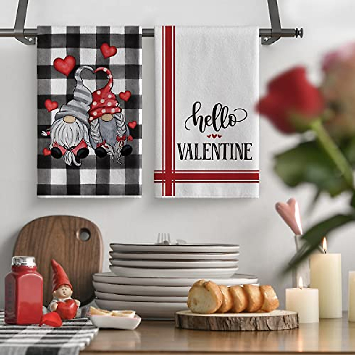 Artoid Mode Buffalo Plaid Gnomes Truck Hello Valentine Kitchen Towels Dish Towels, 18x26 Inch Seasonal Valentine's Day Decoration Hand Towels Set of 4