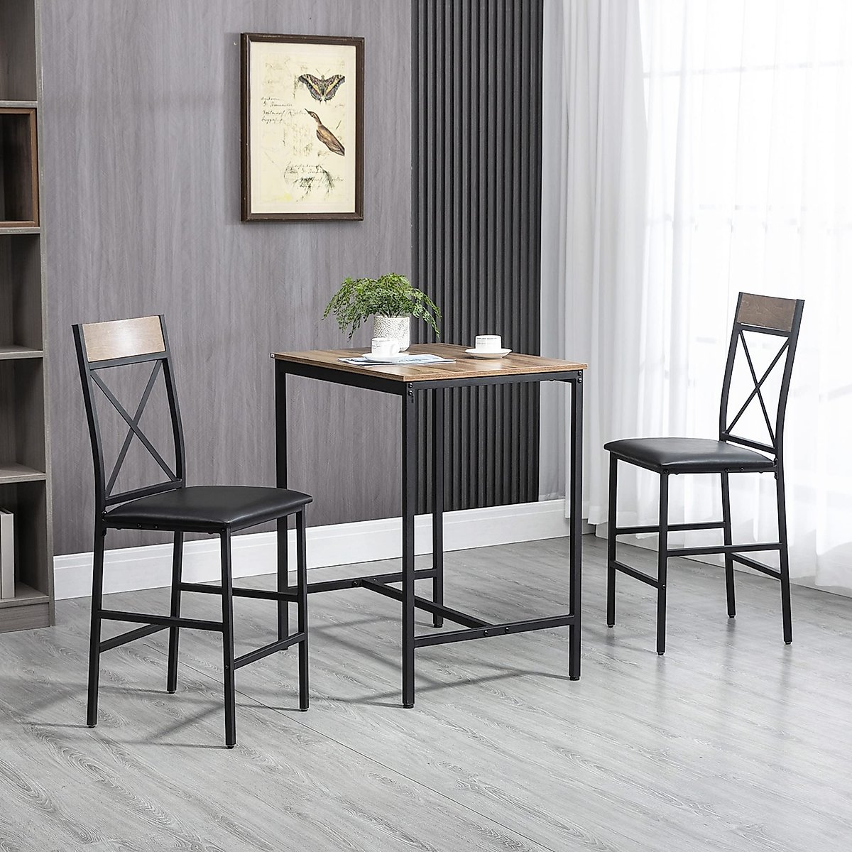 HOMCOM 3 Piece Bar Table and Chairs Set, Dining Table Set with PU Padded Stools and Steel Frame for Kitchen, Small Spaces, Brown