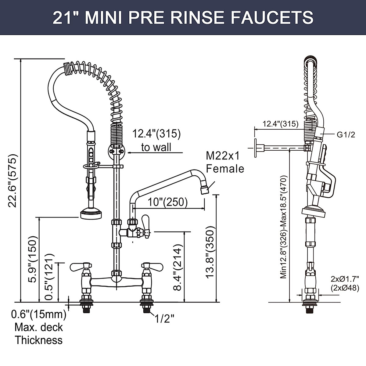 iVIGA Commercial Kitchen Faucet Deck Mount with Pre-Rinse Sprayer 21" Height Kitchen Sink Faucet 8 Inch Center with 10" Add-on Swing Spout Faucet & Coiled Spring Pull Down Spray