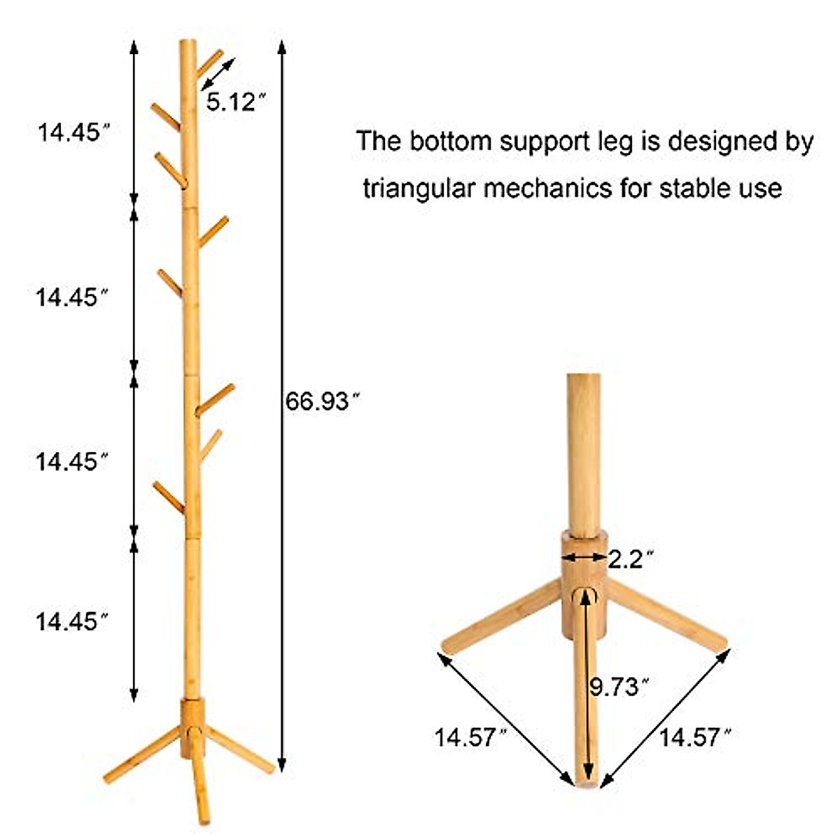 C&AHOME Bamboo Coat Rack Stand with 8 Hooks, Wooden Coat Tree Adjustable Sizes, Entryway Hall Tree Free Standing Coat Hanger Stand for Hat, Bag, Clothes, Jacket, Natural