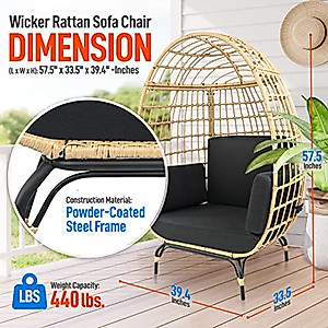 Wicker Rattan Egg Chair, Indoor Outdoor Black Sofa Chair for Patio Backyard and Living Room with 4 Cushions and Powder Coated Steel Frame, Woven Texture Contemporary Ribbed Back Design