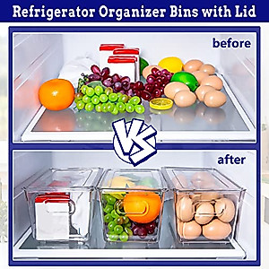 HANSGO Refrigerator Organizer Bins with Lid, 4PCS Stackable Organizer Basket Bins with Handles Clear Plastic Pantry Organizer and Storage Bins for Fridge Kitchen Bedroom Office