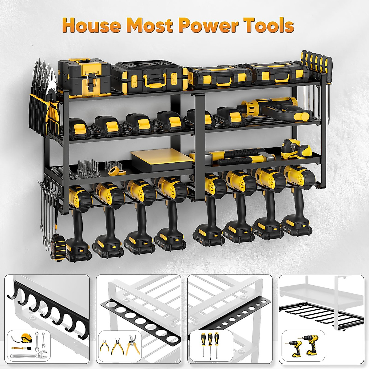 POKIPO Power Tool Organizer Wall Mount, Extended Large Heavy Duty Drill Holder, 4 Layer Garage and Storage, Suitable Utility Racks for Room, Workshop