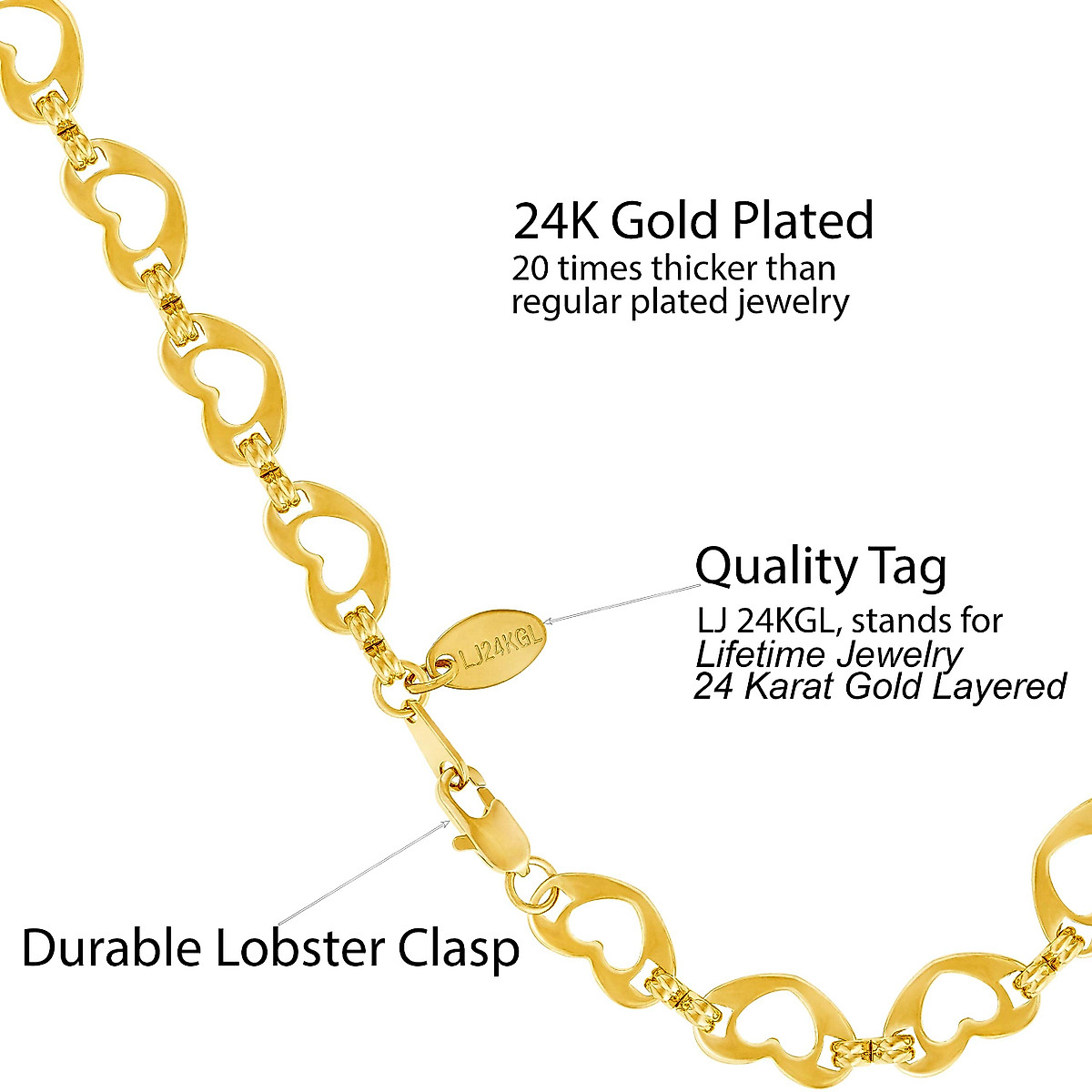 LIFETIME JEWELRY Flat Heart Link Anklet for Women & Teen Girls 24k Gold Plated (11)