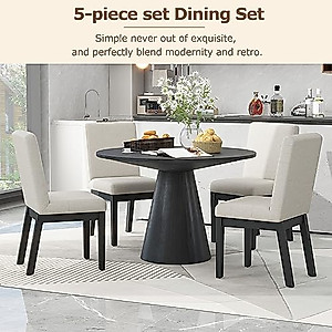 Voohek, Black 5-Piece Retro Simple Round Dining Table Set with Frustum Legs, and 4 Ergonomic Fabric Upholstered Chairs, Solid Wood Kitchen Furniture for 4 People, Small Space