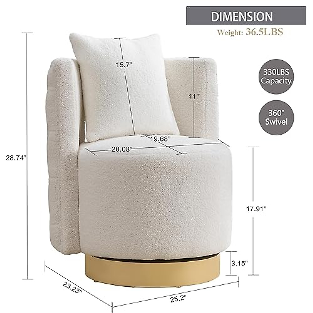 Velvet Vanity Barrel Chair, Modern Curved Tufted Back Office Chair with Gold Metal Base, Upholstered Makeup Stool with Throw Pillow for Living Room, Bedroom, Hotel Accent Leisure Chair (White)