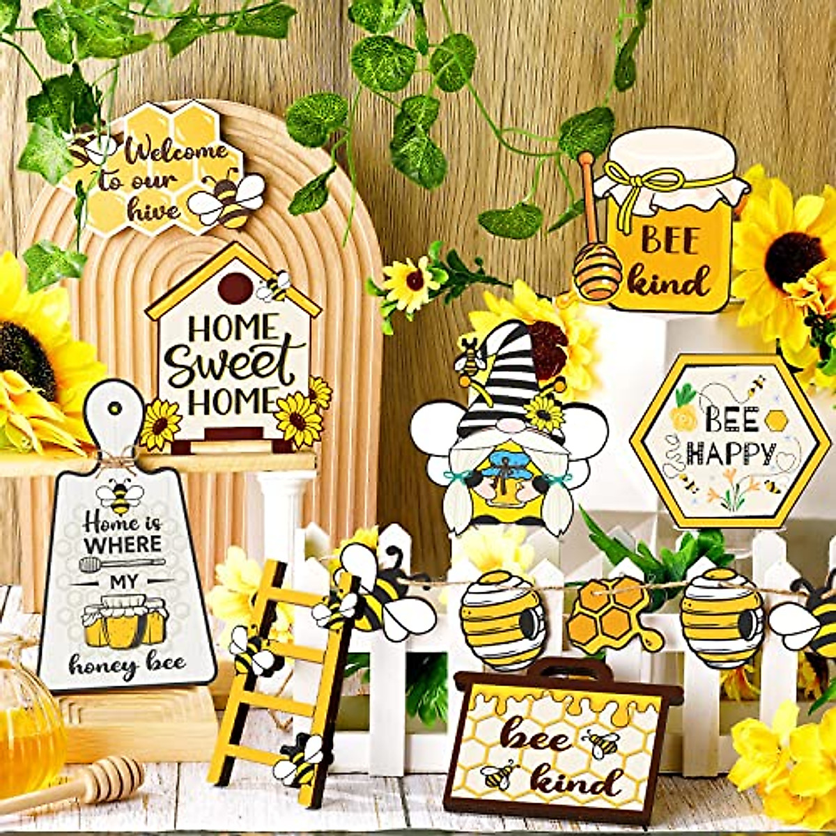 14 Piece Bee Tiered Tray Decor Set Farmhouse Farm Tiered Tray Decor Bee Wood Signs Sunflower Rustic Trays Decor for Summer Home Kitchen Table Decor