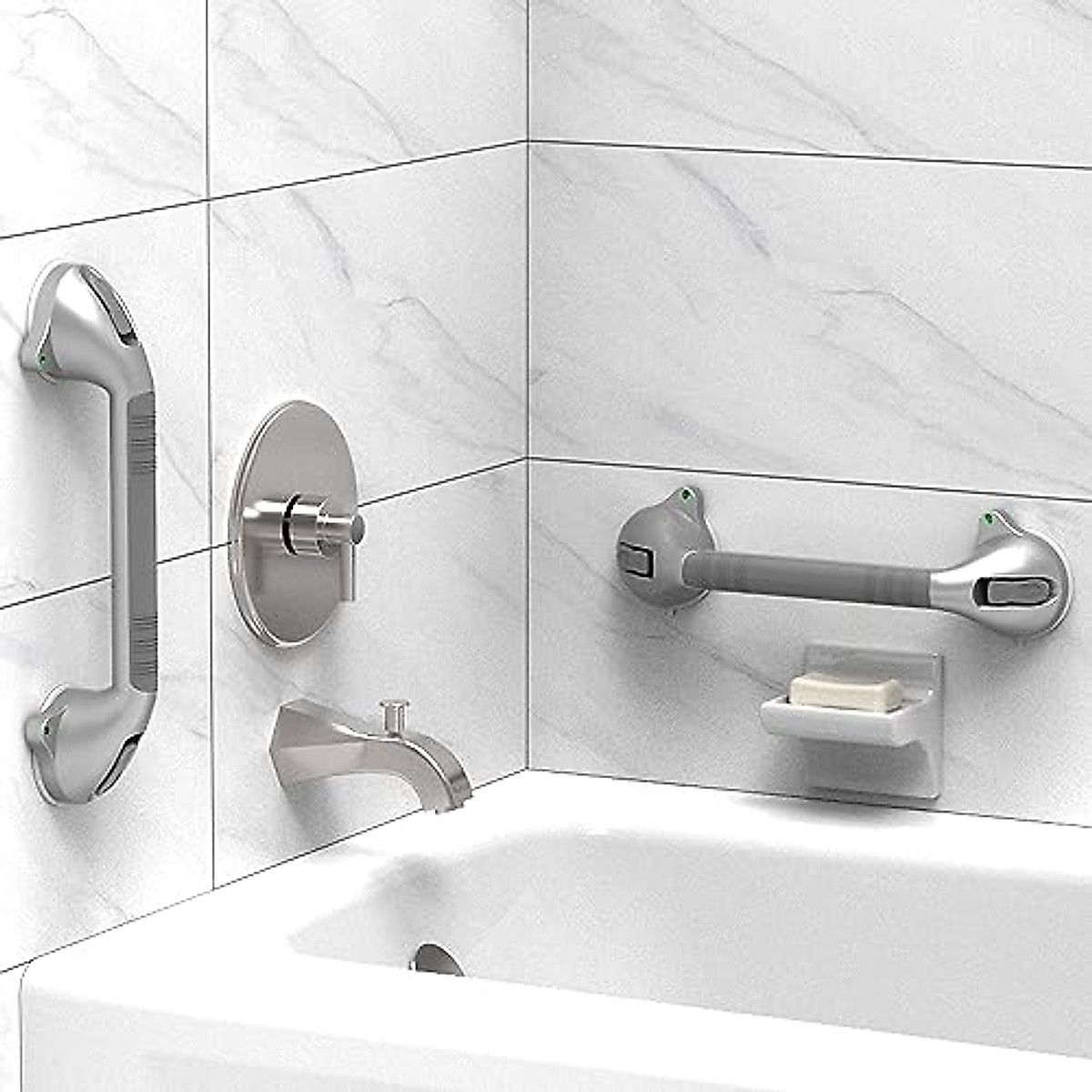 AmeriLuck 16.5inch Suction Bath Grab Bar with Indicators, Balance Assist Bathroom Shower Handle, Silver/Grey（Pack of 2）