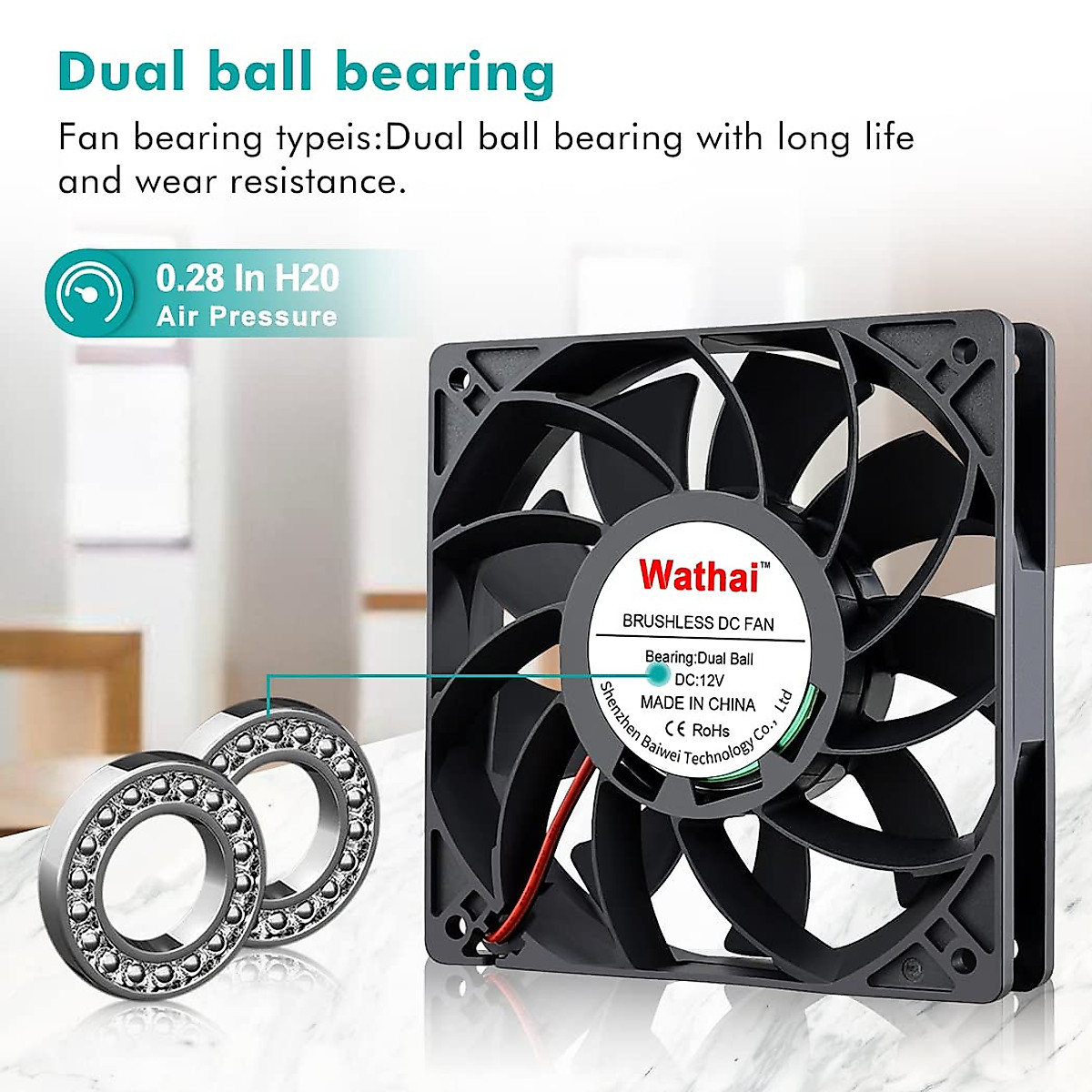 Wathai 120mm x 25mm 12V High Pressure CFM Fan Dual Ball High Speed DC Brushless Cooling Fan