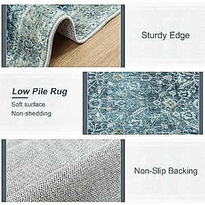 Nailttos Living Room Rug 8x10, Non Slip Distressed Retro Floral Blue Bedroom Rug, Low Pile Non-Shedding Living Room Carpet Large Rugs for Living Room Dining Room Farmhouse Office