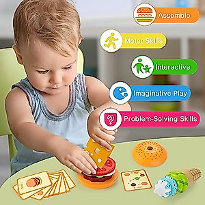 Bravmate Wooden Montessori Toys for 1 2 3 Years Old Kids, Realistic Burger & Ice Cream Toy, Stacking & Pretend Play for Little Chef, Preschool Play Fake Food Games, Educational Fine Motor Skills Toys