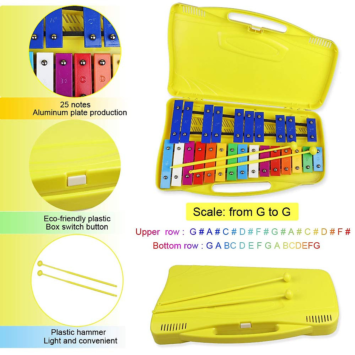 Mr.Power Colorful 25 Note G-G Chromatic Glockenspiel Xylophone Vibraphone in Case Percussion Instrument Suitable for Families and Beginner School Music Teaching