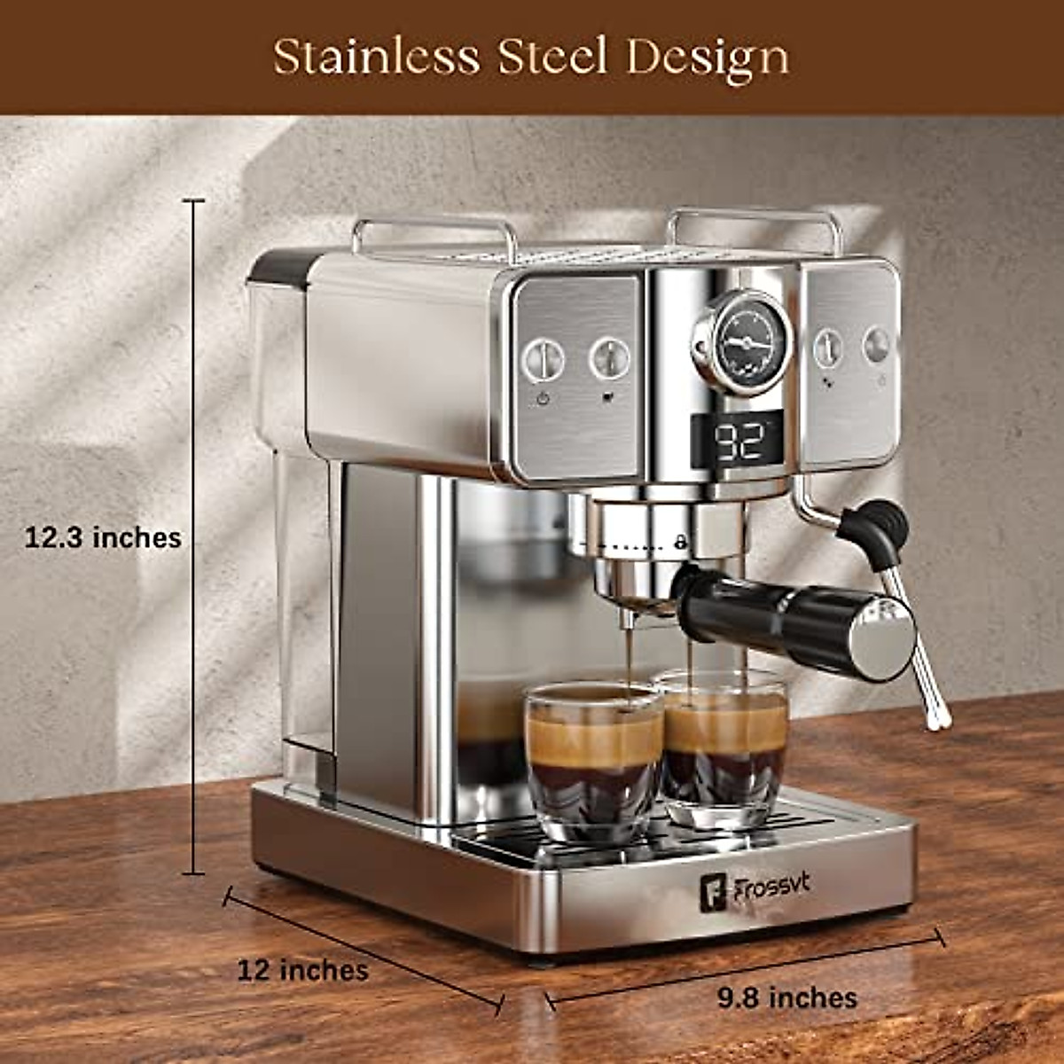 Frossvt Espresso Machine, 20 Bar Espresso Maker with Milk Frother Steam Wand for Latte and Cappuccino, Stainless Steel Coffee machines with 1.8L/60oz Water Tank for home, Sliver Coffee maker